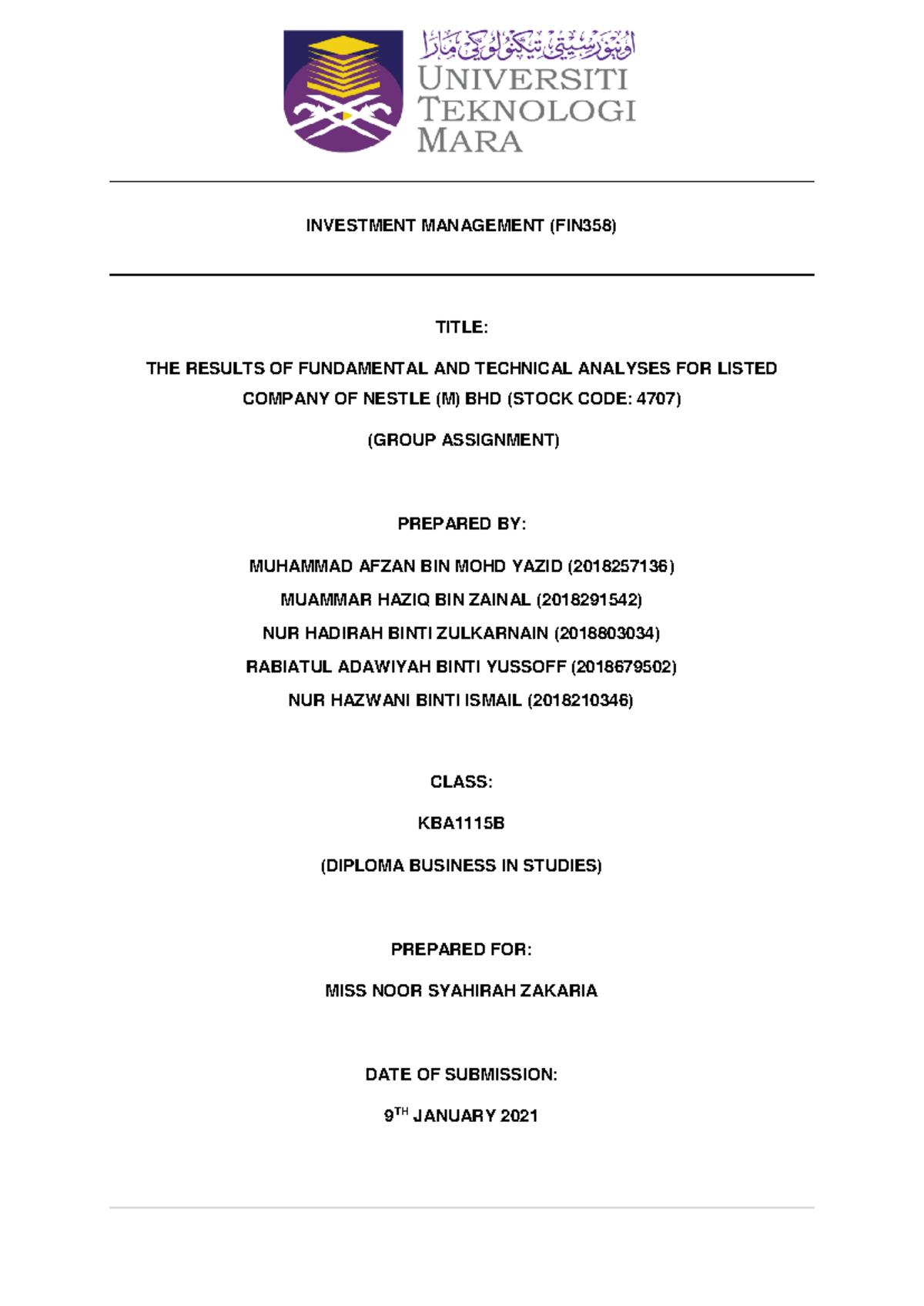 FIN358 Group Assignment.pdf - Investment management - UiTM - Studocu
