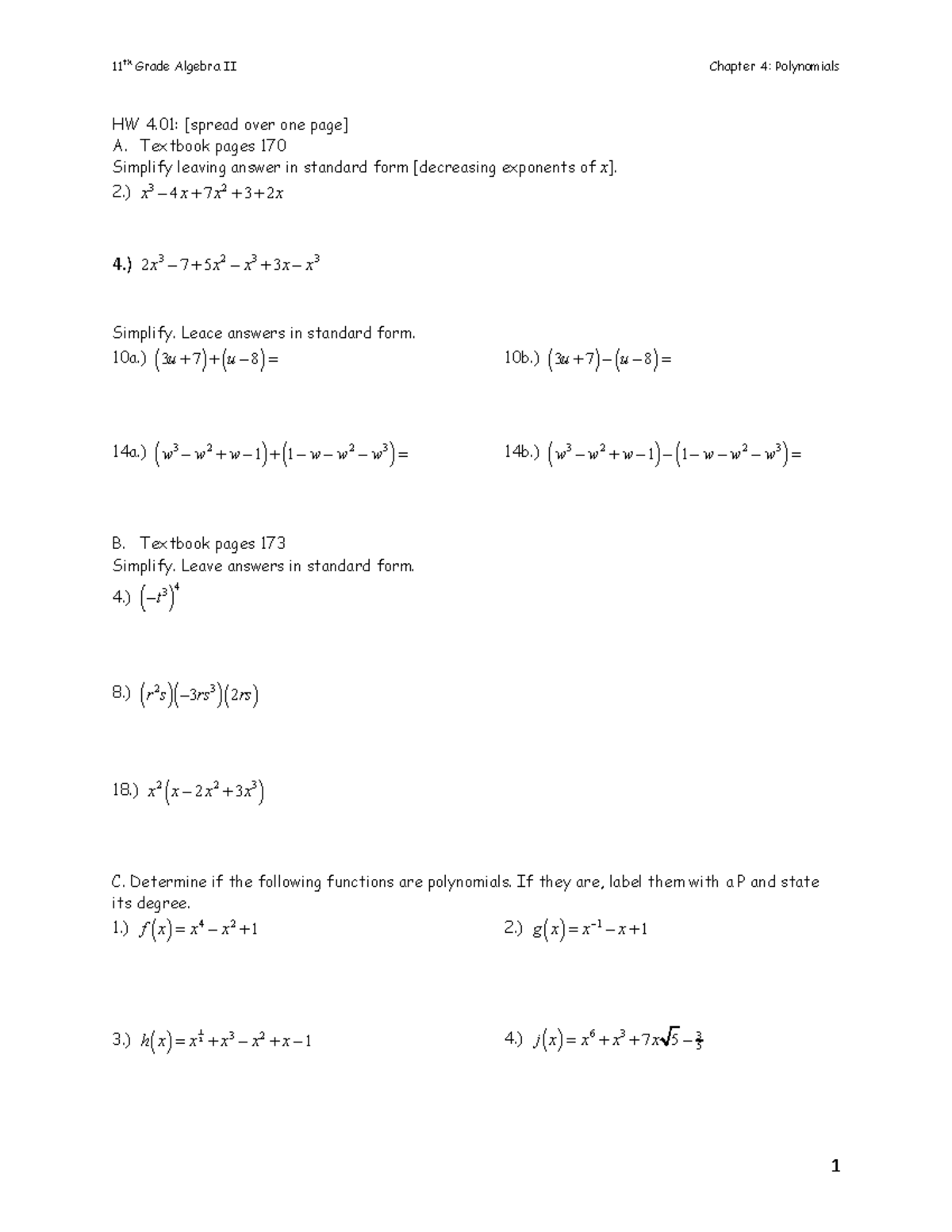 Alg2 11th Grade Ch 4 HW 4.01: Introduction to Polynomials - Studocu
