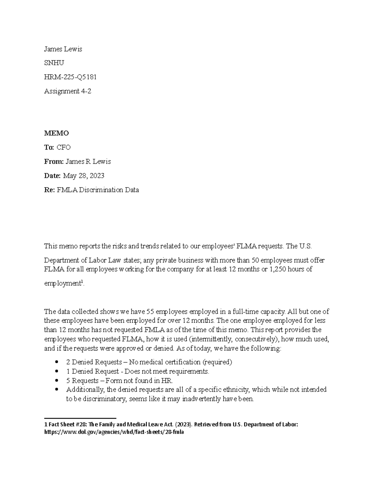 HRM-225-Q Assignment 4: FMLA Discrimination Risks Memo - Studocu