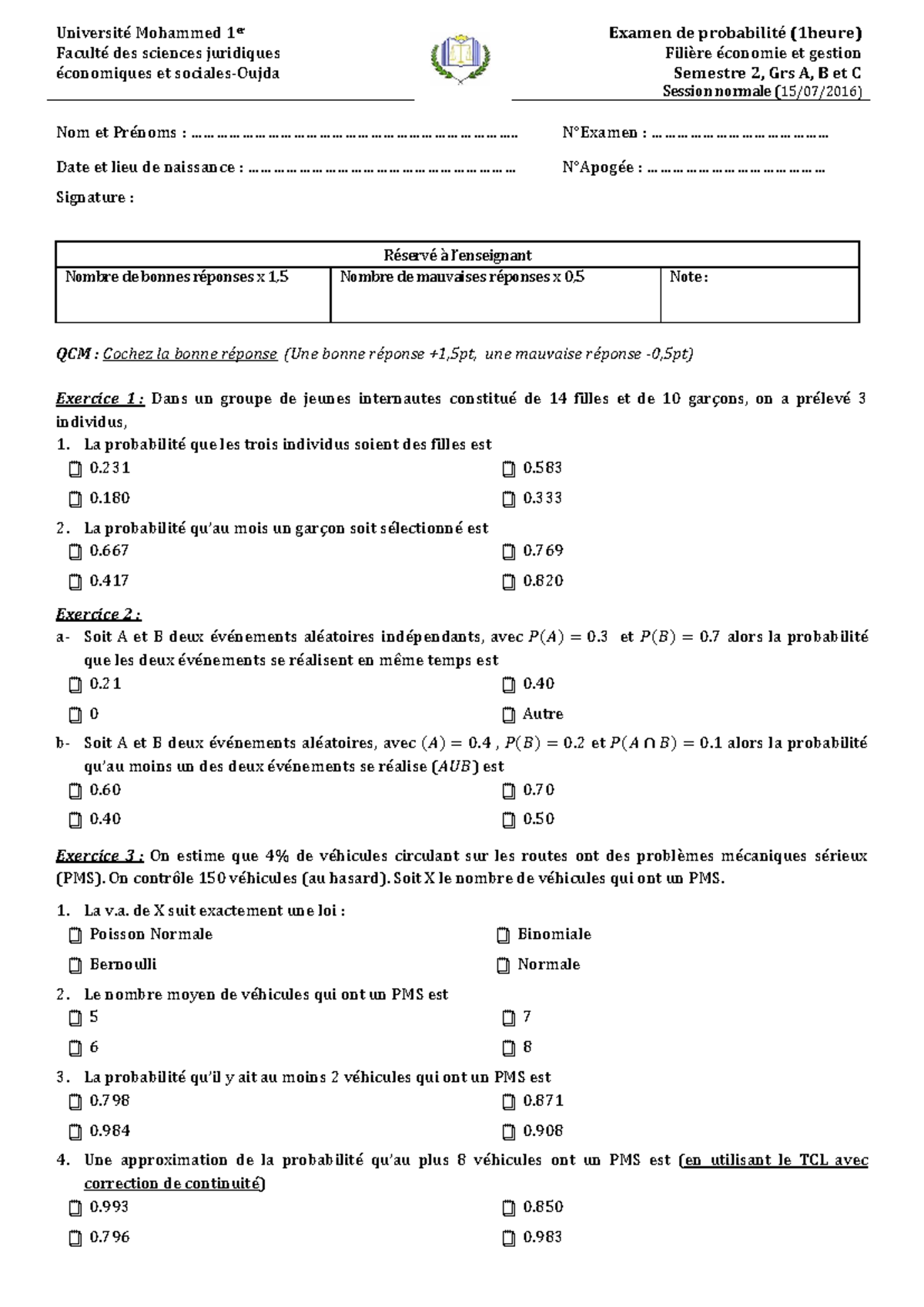 Exam S2 15-16 SN QCM - Exemple d'examen - Université Mohammed 1er ...