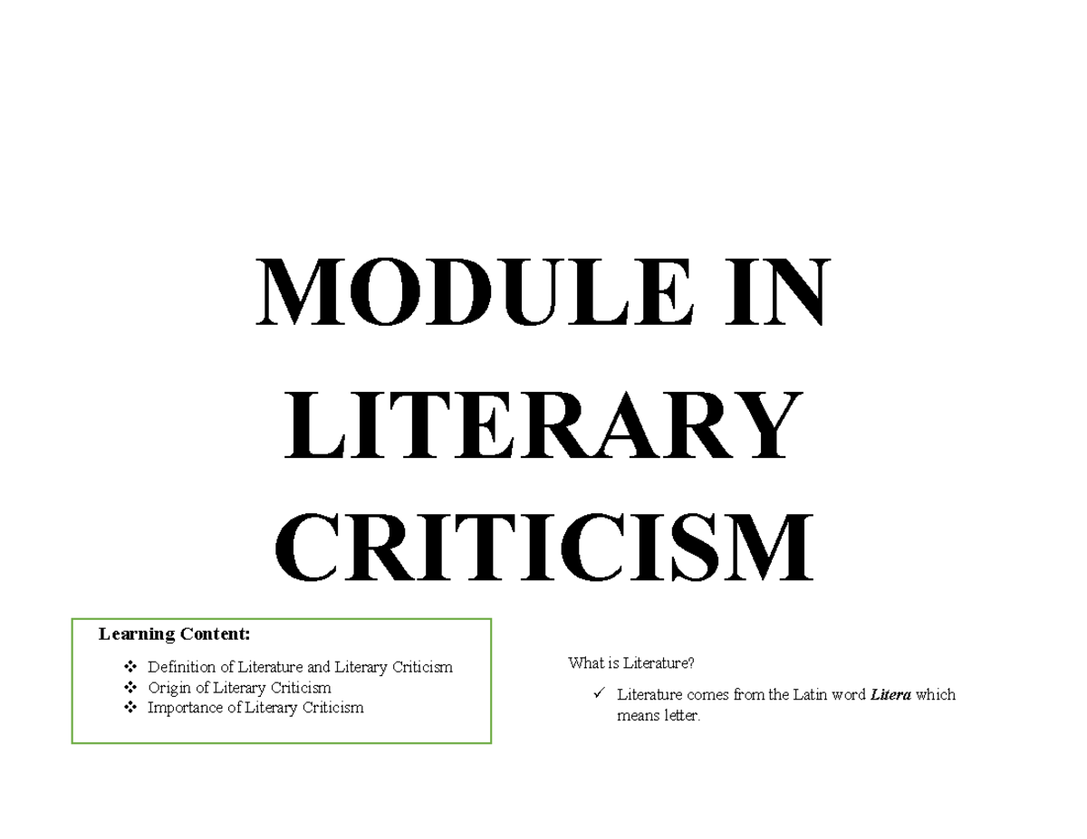 LIT101 - Lecture Notes on Literary Criticism and Its Importance - Studocu