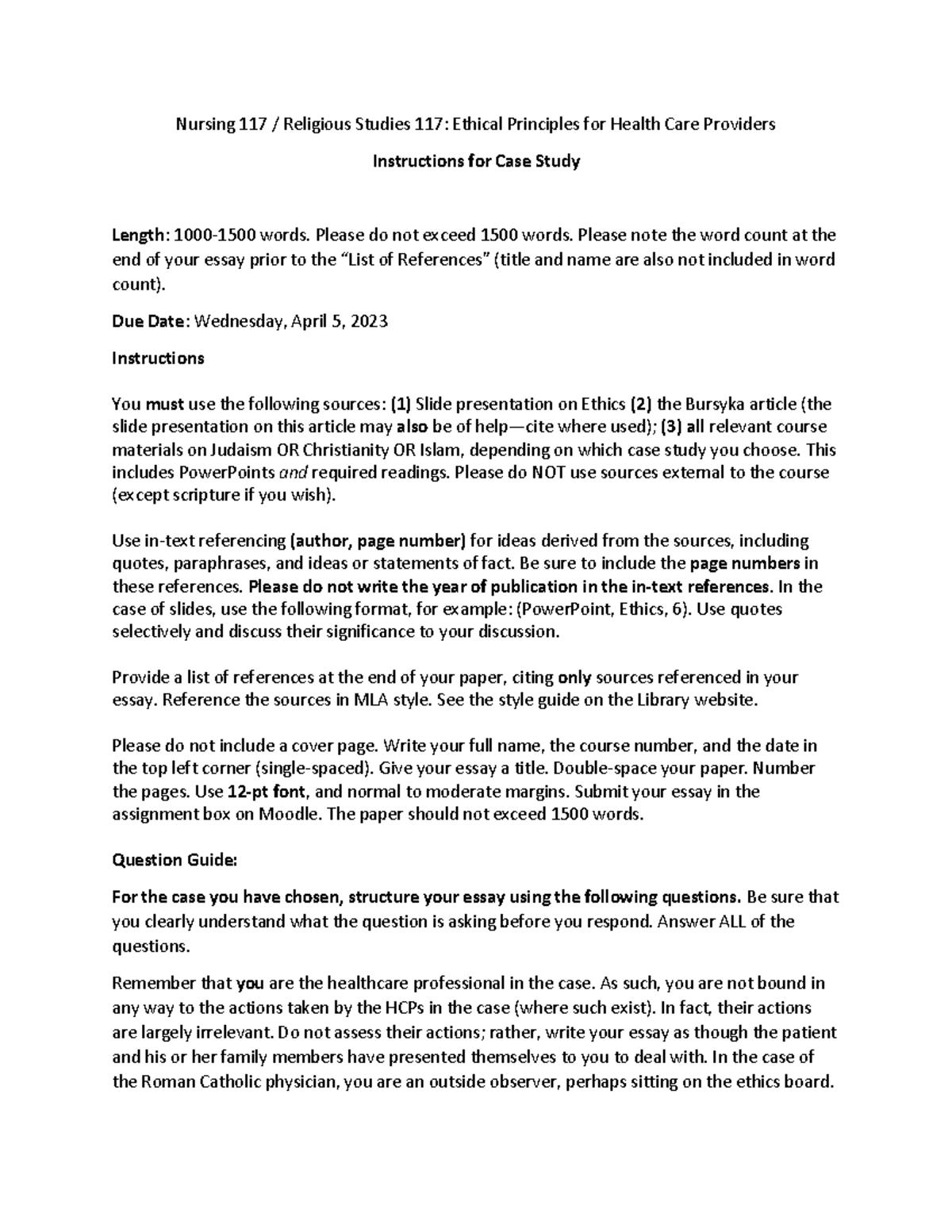 Nursing 117 & Religious Studies 117: Ethical Case Study Guidelines ...
