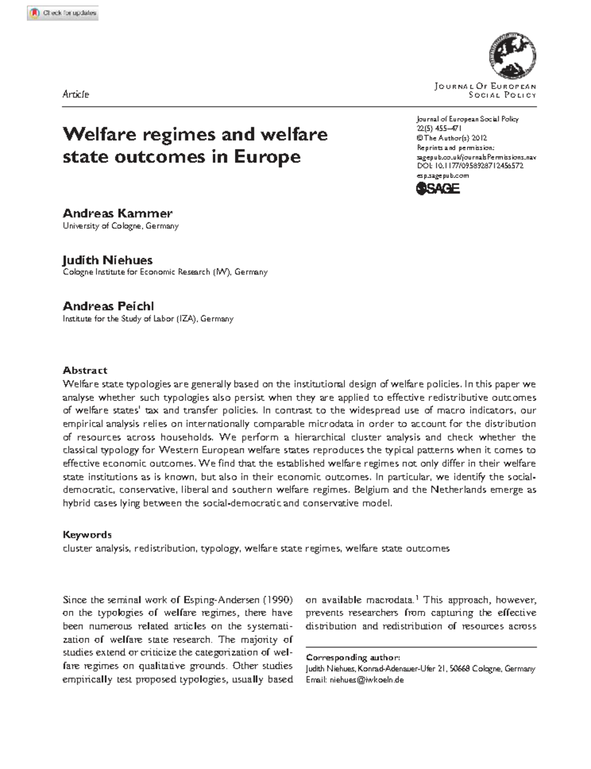 Welfare Regimes and Economic Outcomes in Europe: A Cluster Analysis ...