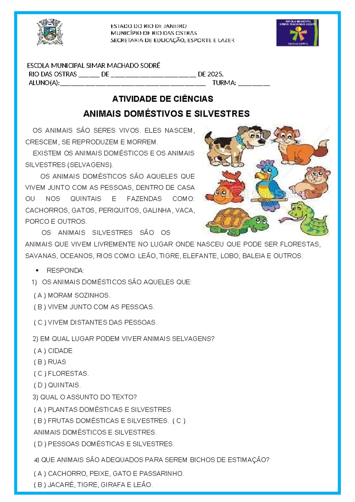 Atividade Animais Doméstivos E Silvestres - ESCOLA MUNICIPAL SIMAR ...