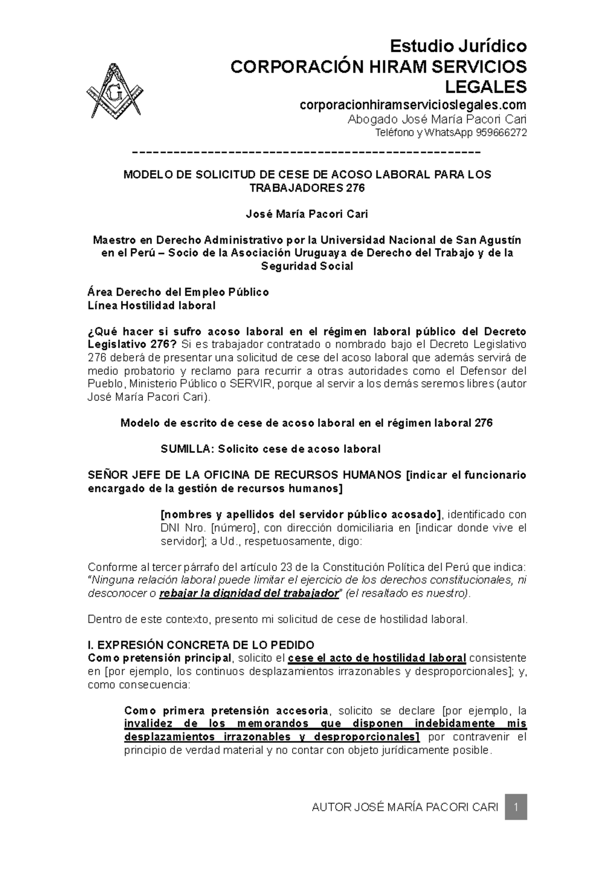 Modelo de Solicitud de Cese de Hostilidad Laboral - DL 276 - Studocu