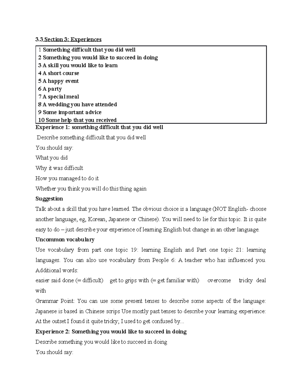 Part 2 Experiences - Some samples about a lot of topics in ielts ...