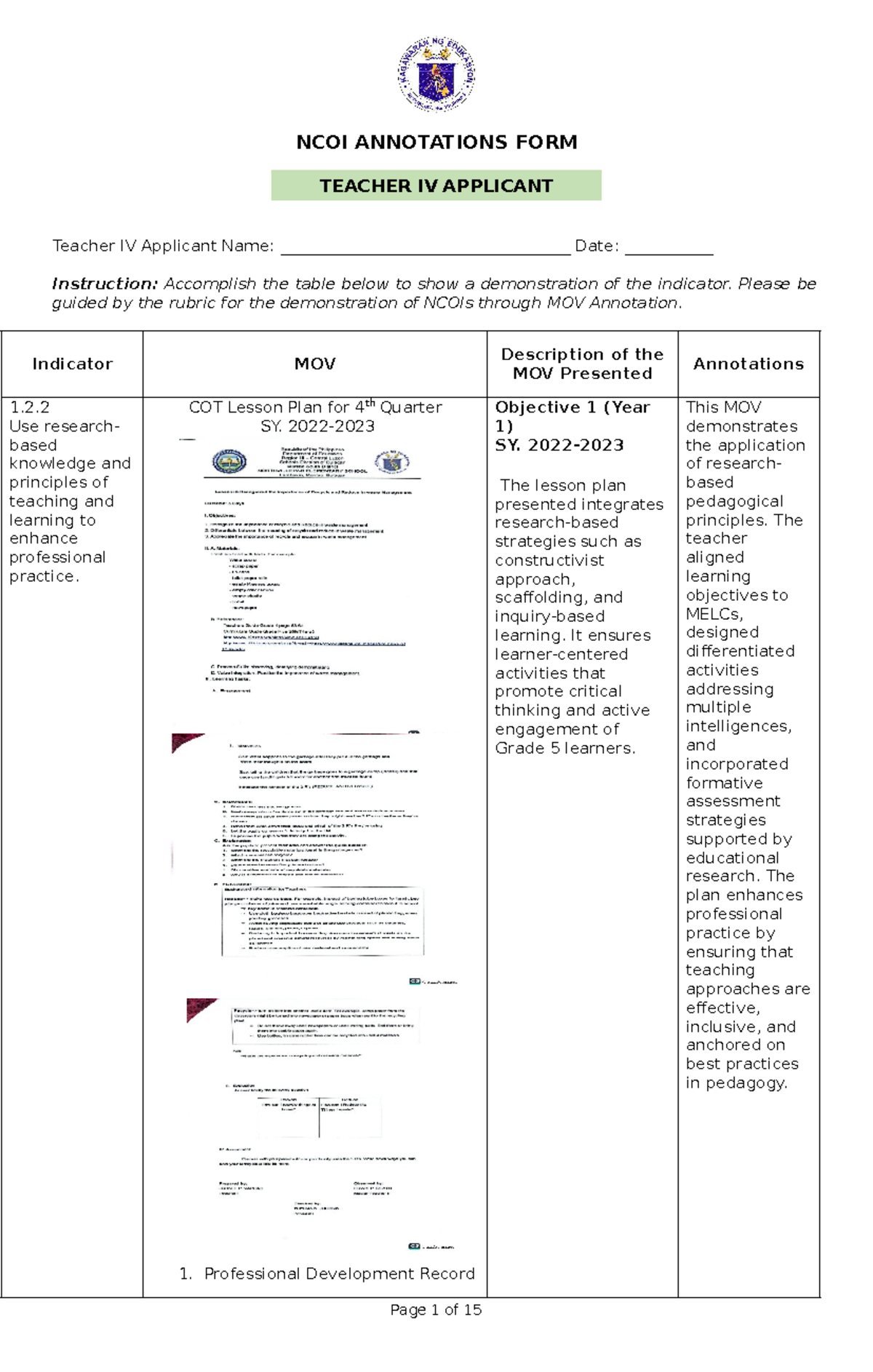 NCOI Annotations Form for Teacher IV Applicant (2025) - Studocu
