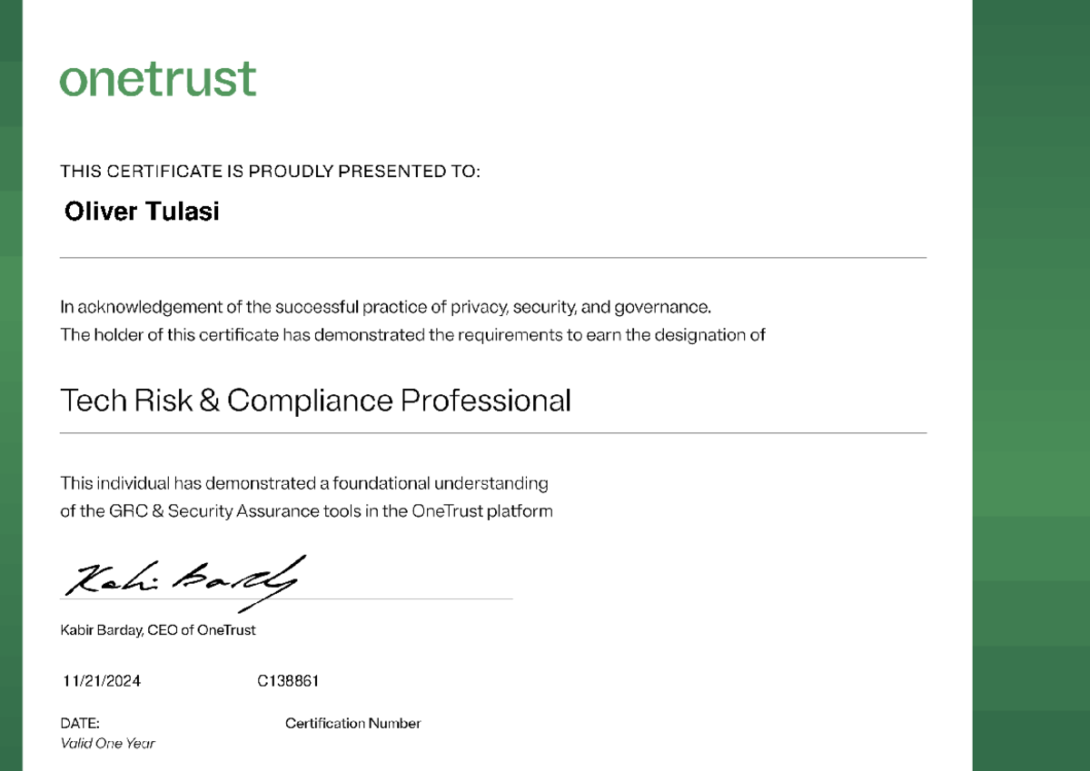 Tech Risk Compliance Professional Certificate - OneTrust C138861 - Studocu
