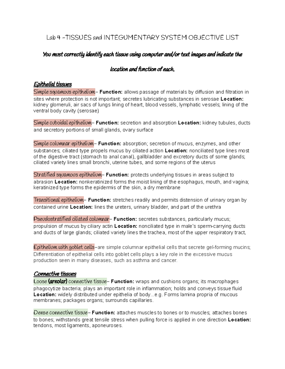 Lab 4 - Tissues and Integumentary System Objective LIST - Lab 4 ...