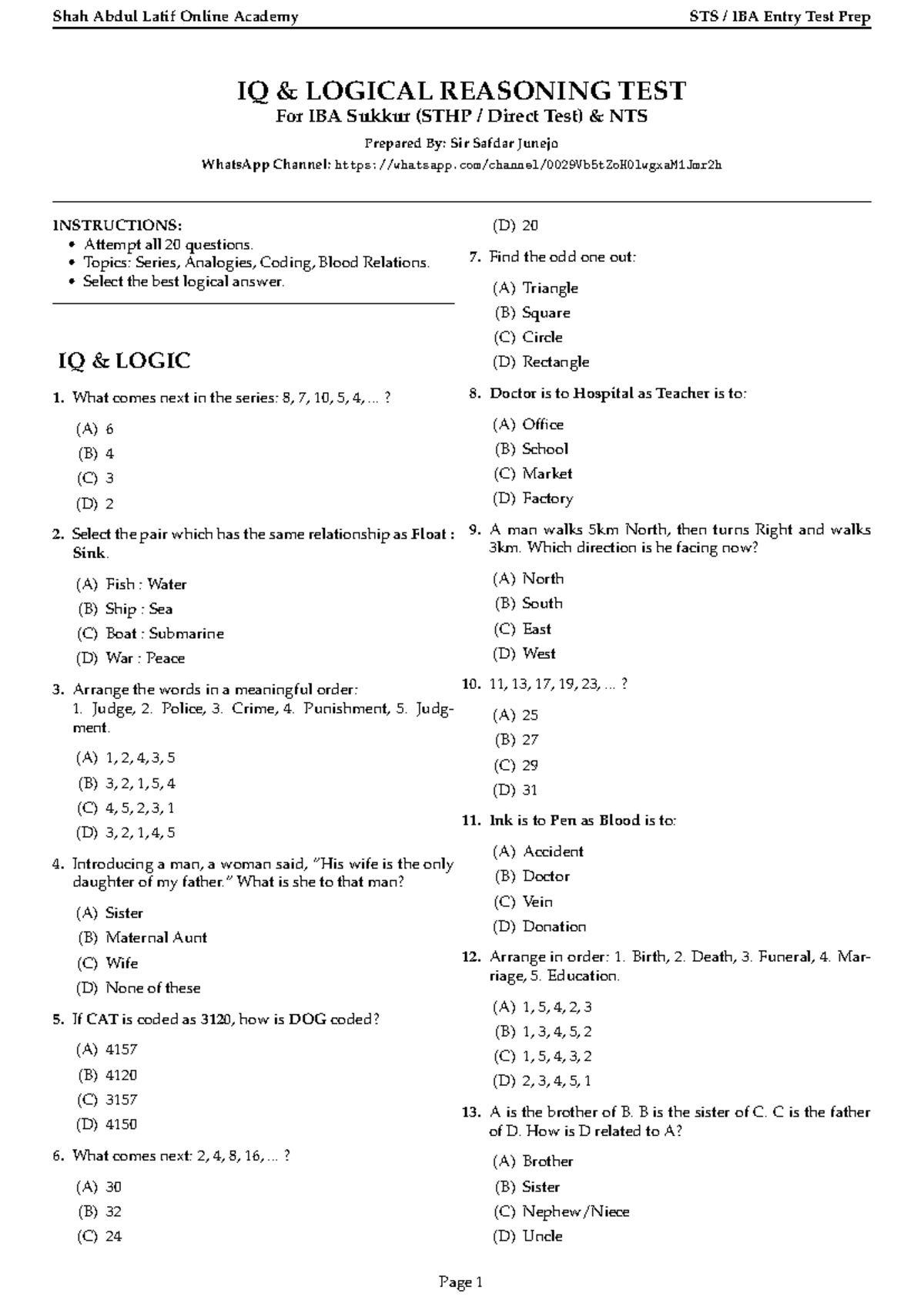 IBA STS Entry Test Prep: Logical Reasoning Practice Questions - Studocu