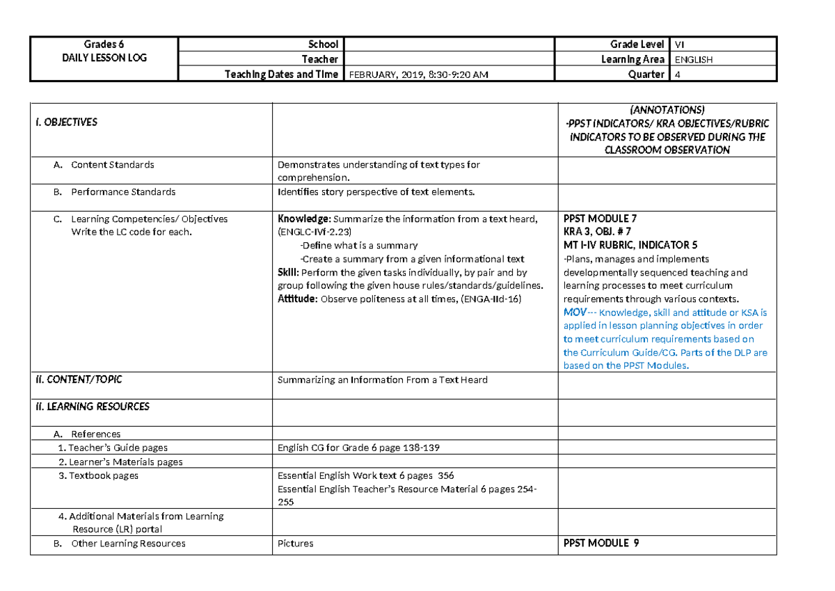 COT DLP English 6 - Cot Filipino - Grades 6 DAILY LESSON LOG School Grade Level VI Teacher ...