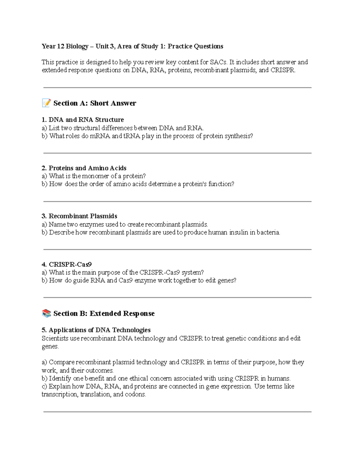 Year 12 Biology Unit 3 AOS 1: SAC Practice Questions & Revision - Studocu