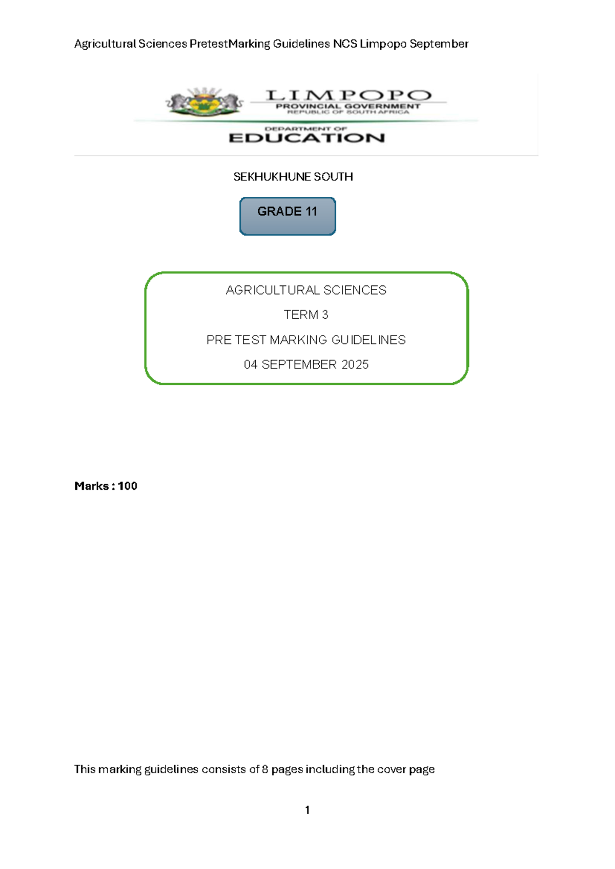 AGRS Grade 11 Agricultural Sciences Term 3 Pre-Test Marking Guidelines ...