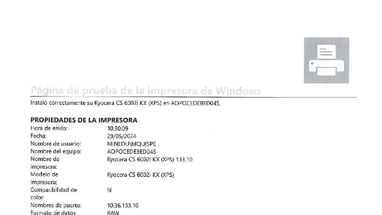 Informe de Instalación de Impresora Kyocera CS 6002i Kx (XPS) - Studocu
