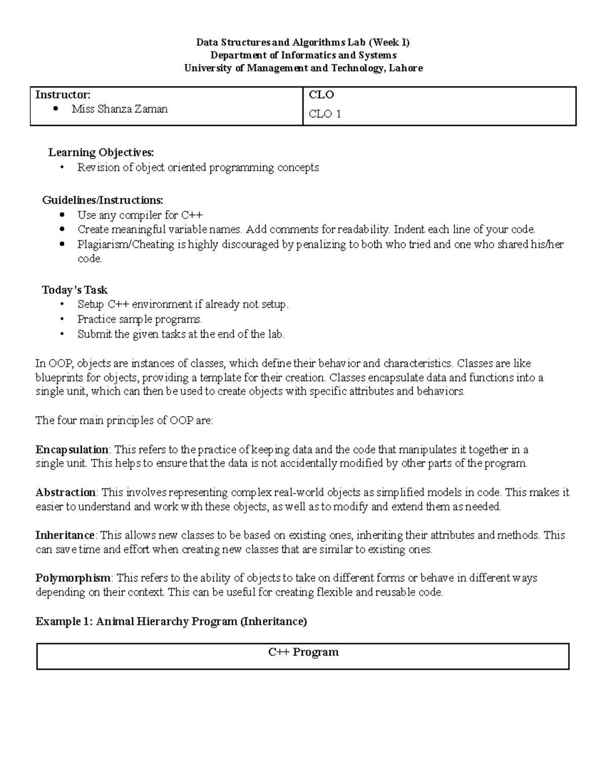 Week 1 - Data Structures and Algorithms Lab (Week 1) Department of ...