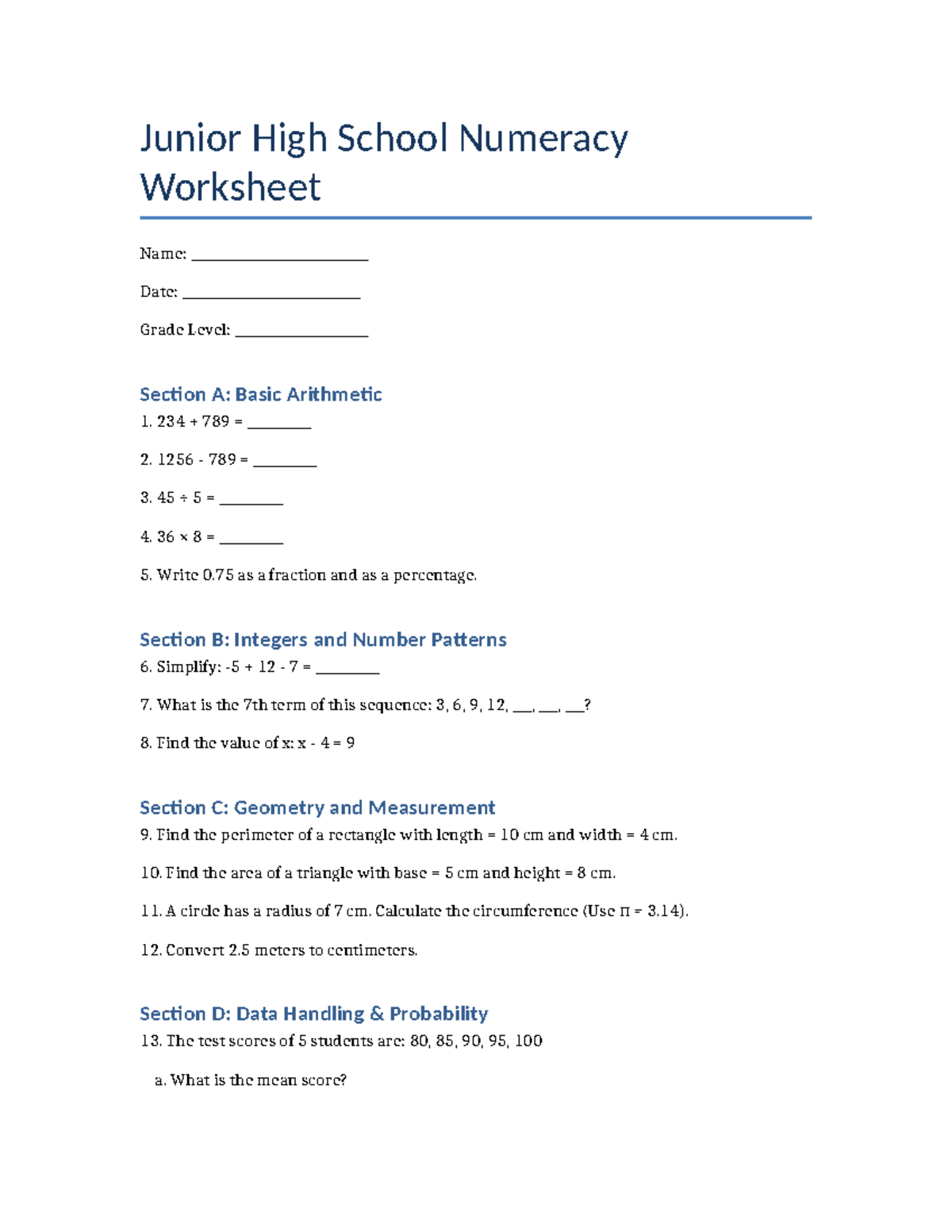 Junior High School Numeracy Worksheet: Basic Arithmetic & Geometry ...