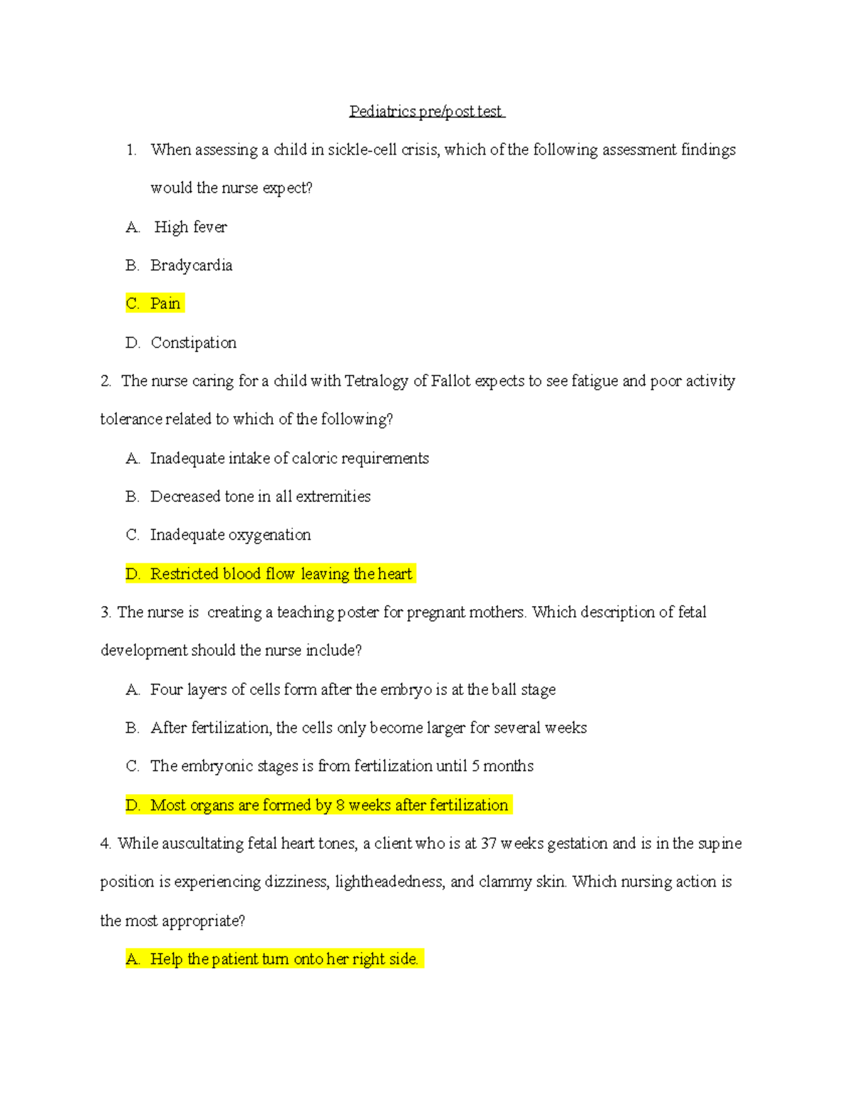 Pediatrics Pre/Post Test: Key Concepts & Nursing Interventions - Studocu