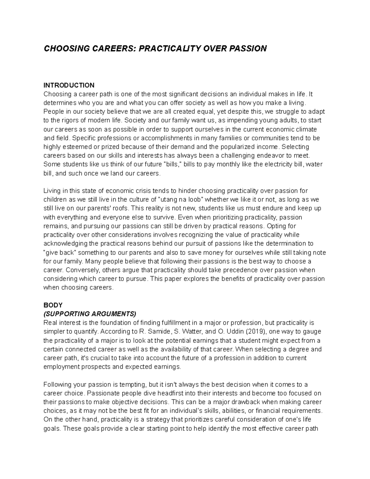 Position Paper: Prioritizing Career Practicality over Passion - Studocu