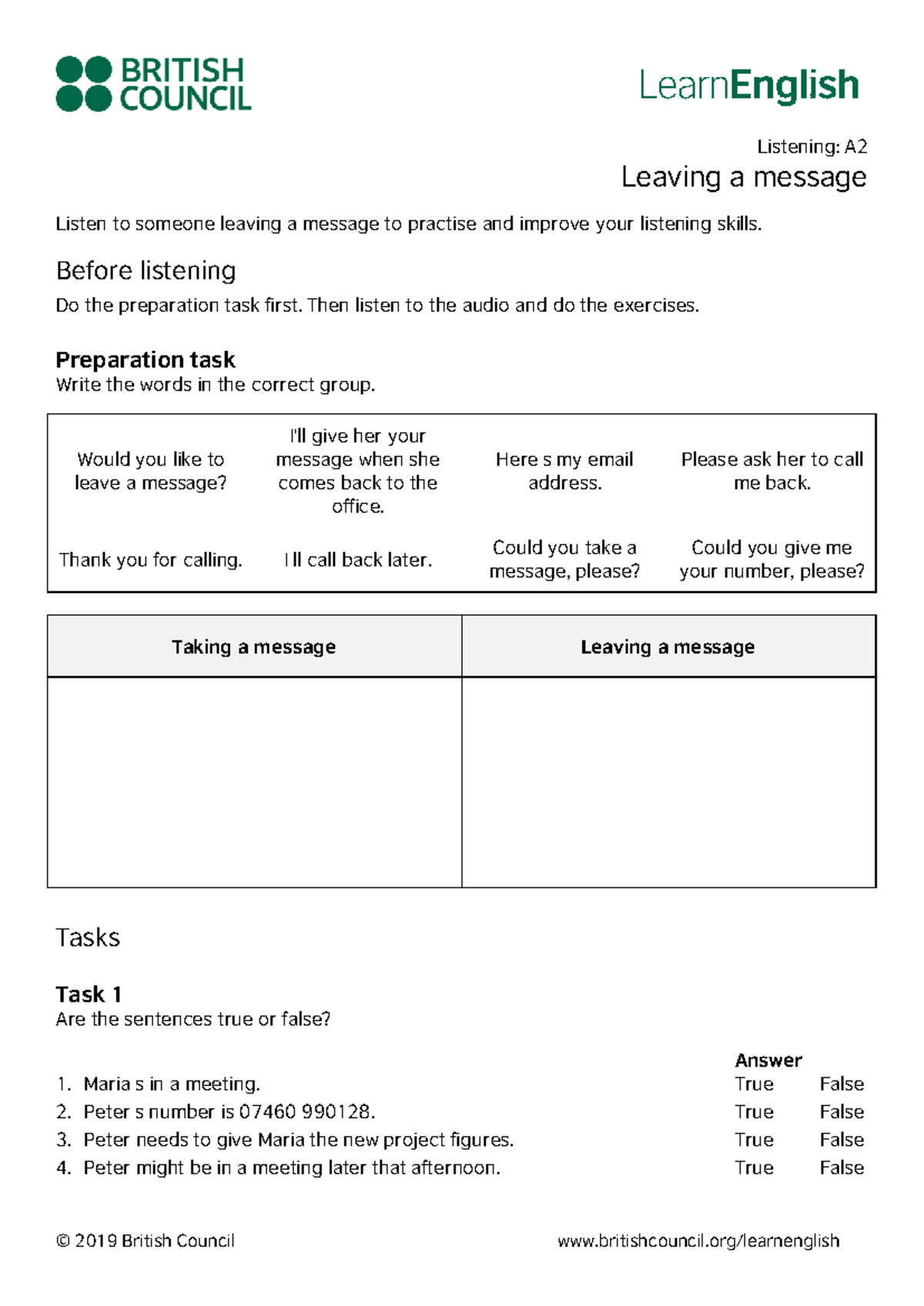 Learn English: A2 Listening Skills - Leaving a Message - Studocu