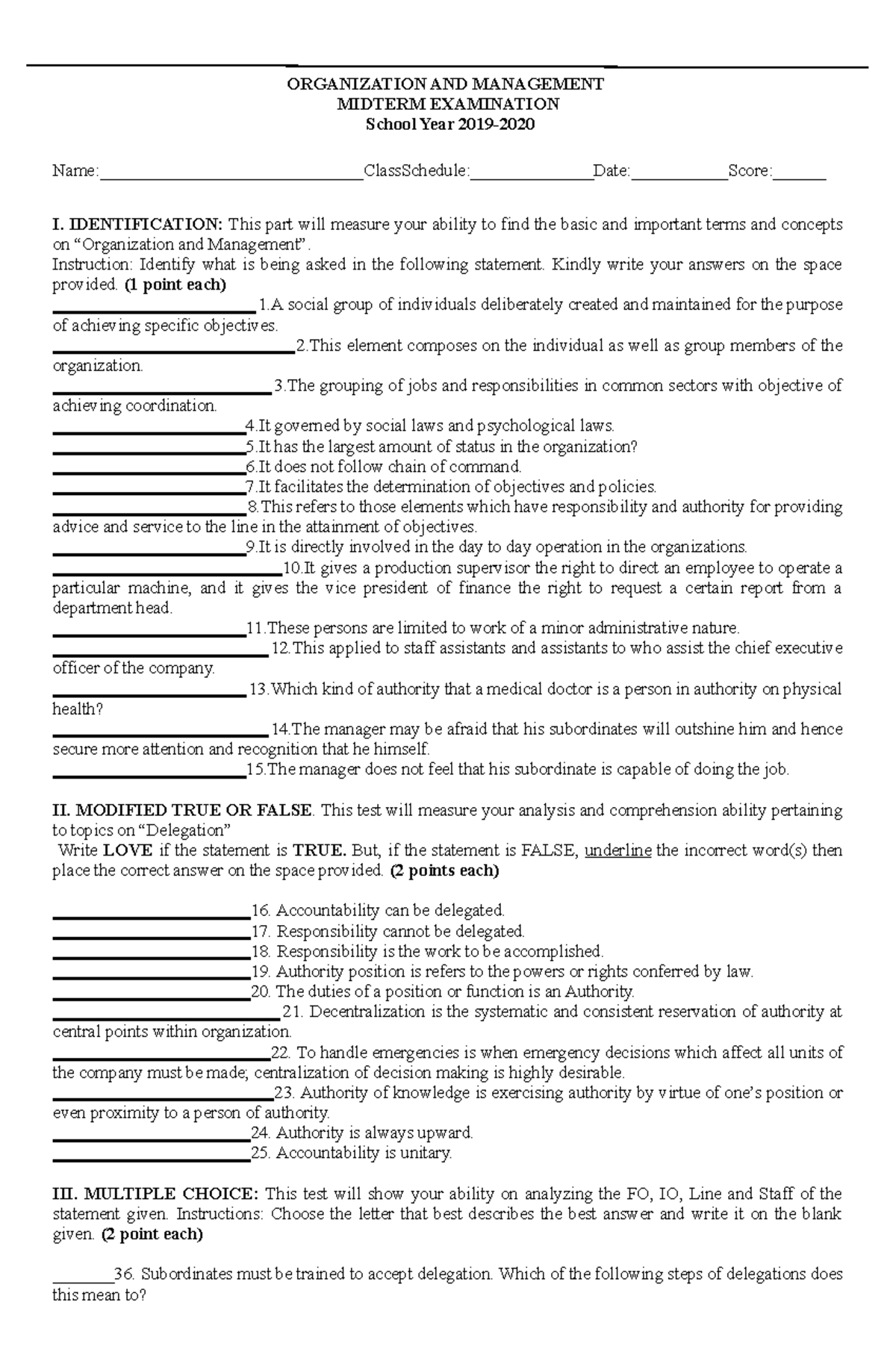 Organization and Management: Midterm Exam Review (2019) - Studocu