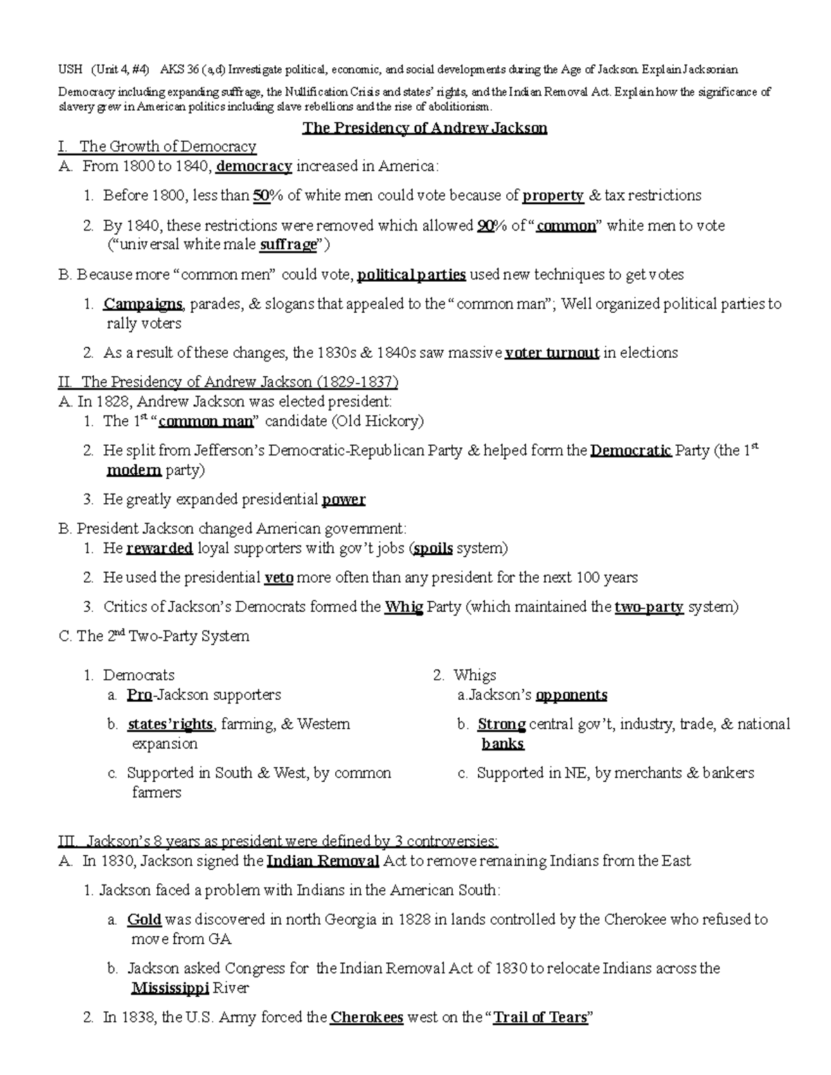 USH Unit 4, #4: Jacksonian Democracy and Its Impacts - Studocu