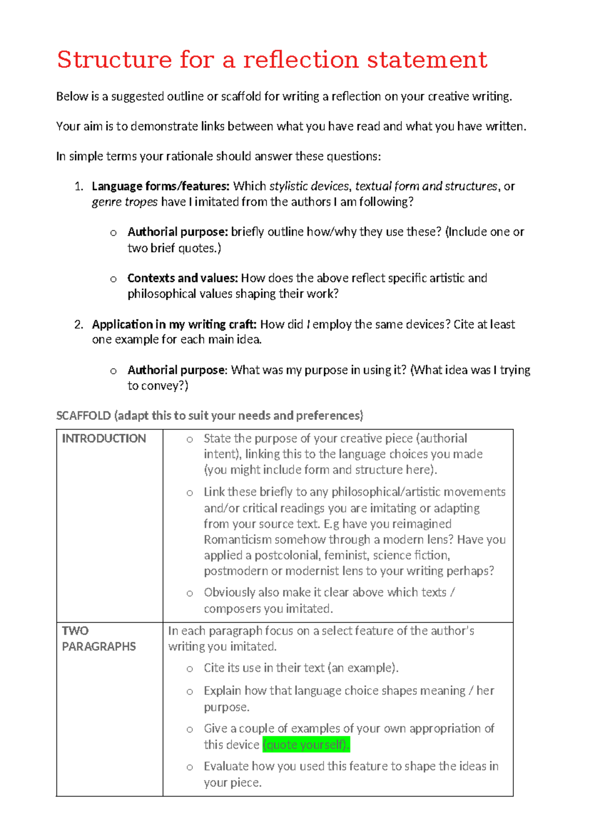 Scaffold for Writing a Reflection Statement - Ext 1 - Studocu