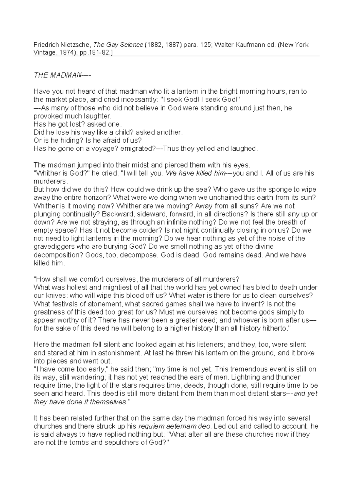 Nietzsche's Madman - Summary of God is Dead Concept in BGE - Studocu