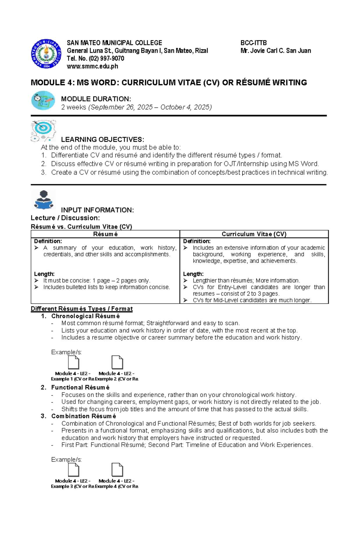 BCC ITTB Module 4: MS Word CV & Résumé Writing Guide - Studocu