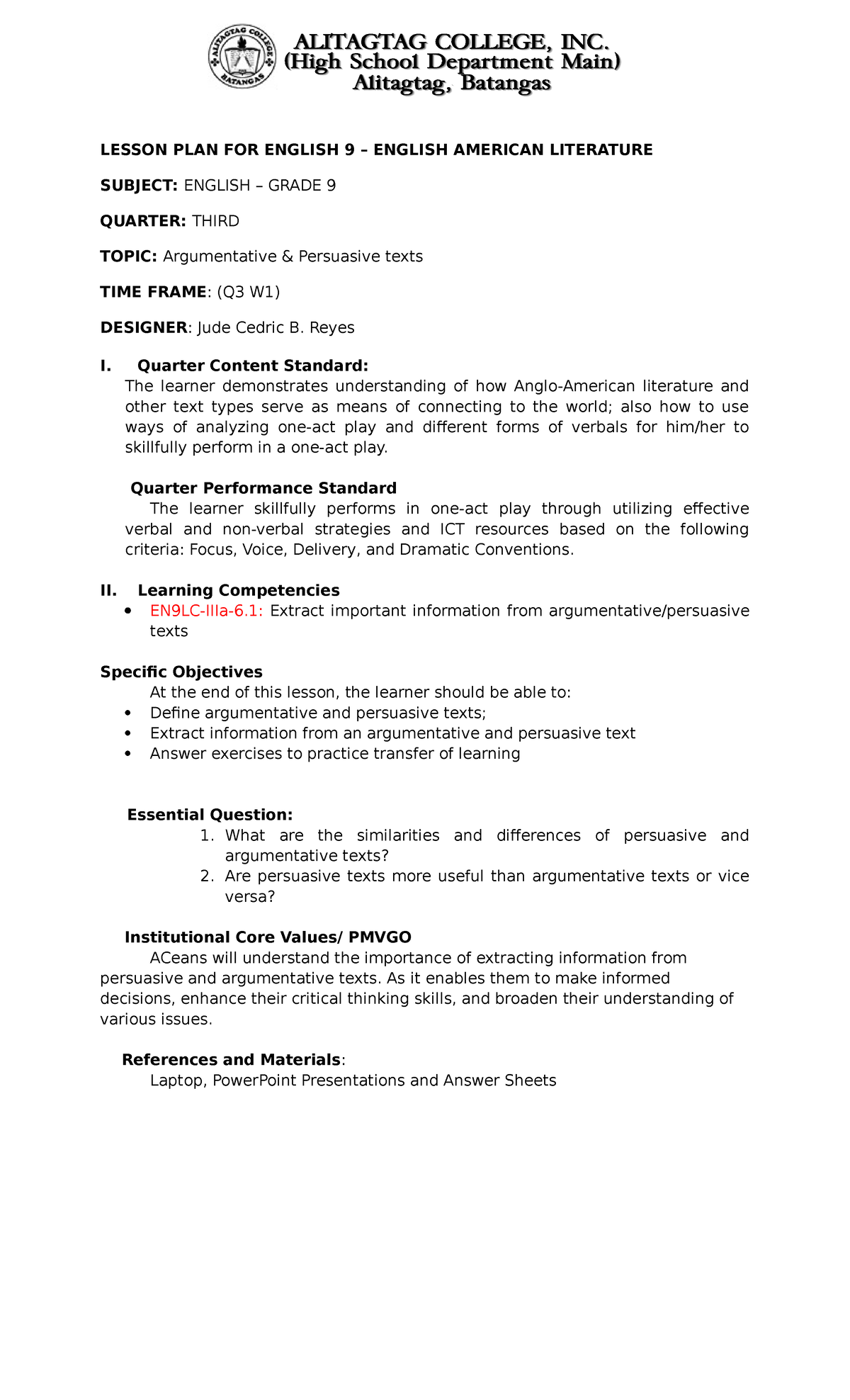 Lesson Plan for English 9: Argumentative & Persuasive Texts (Q3 W1 ...