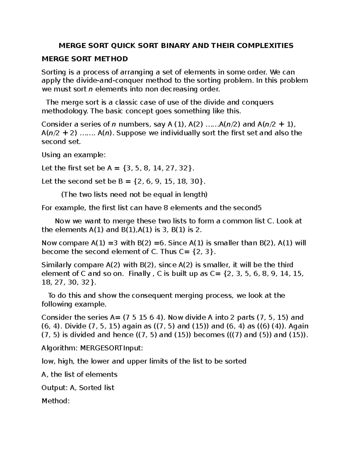 Merge Sort, Quick Sort, Binary Search & Their Complexities Overview - Studocu