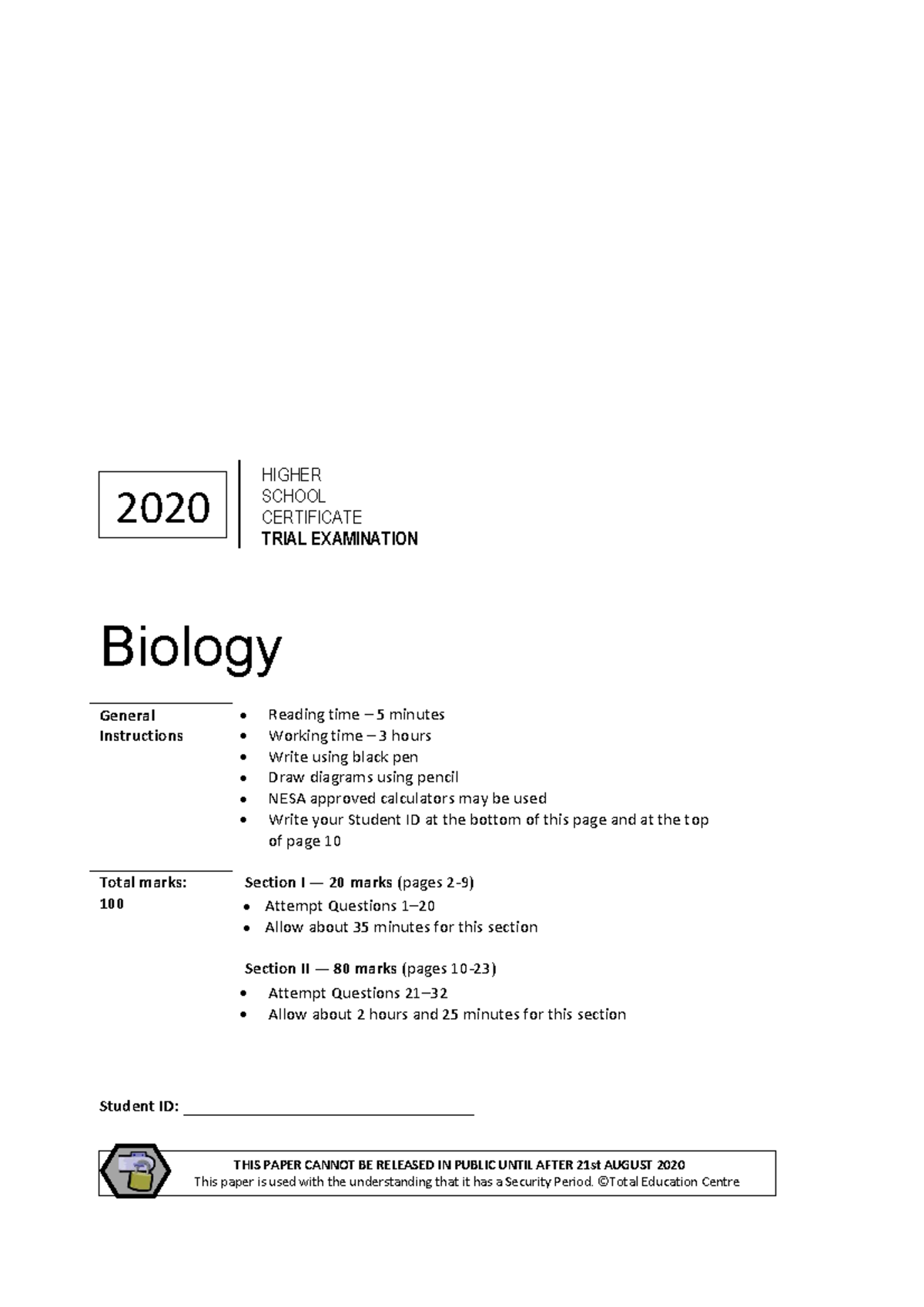 TEC 2020 HSC Biology Trial Examination Paper - Studocu