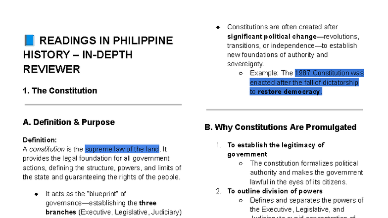 RPH 1: Philippine History Final Exam Reviewer on the Constitution - Studocu