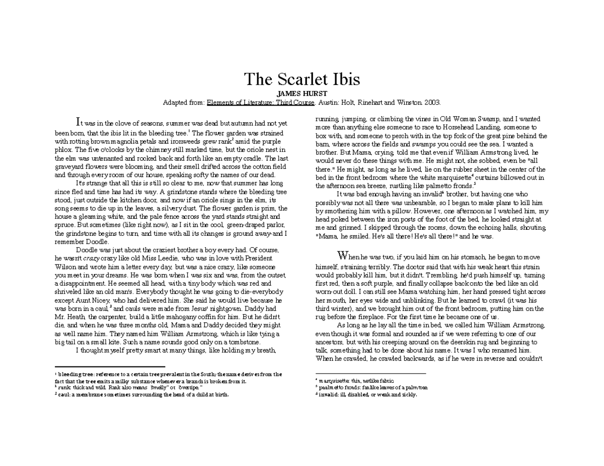 The Scarlet Ibis - Analysis of Themes and Characters in the Story - Studocu