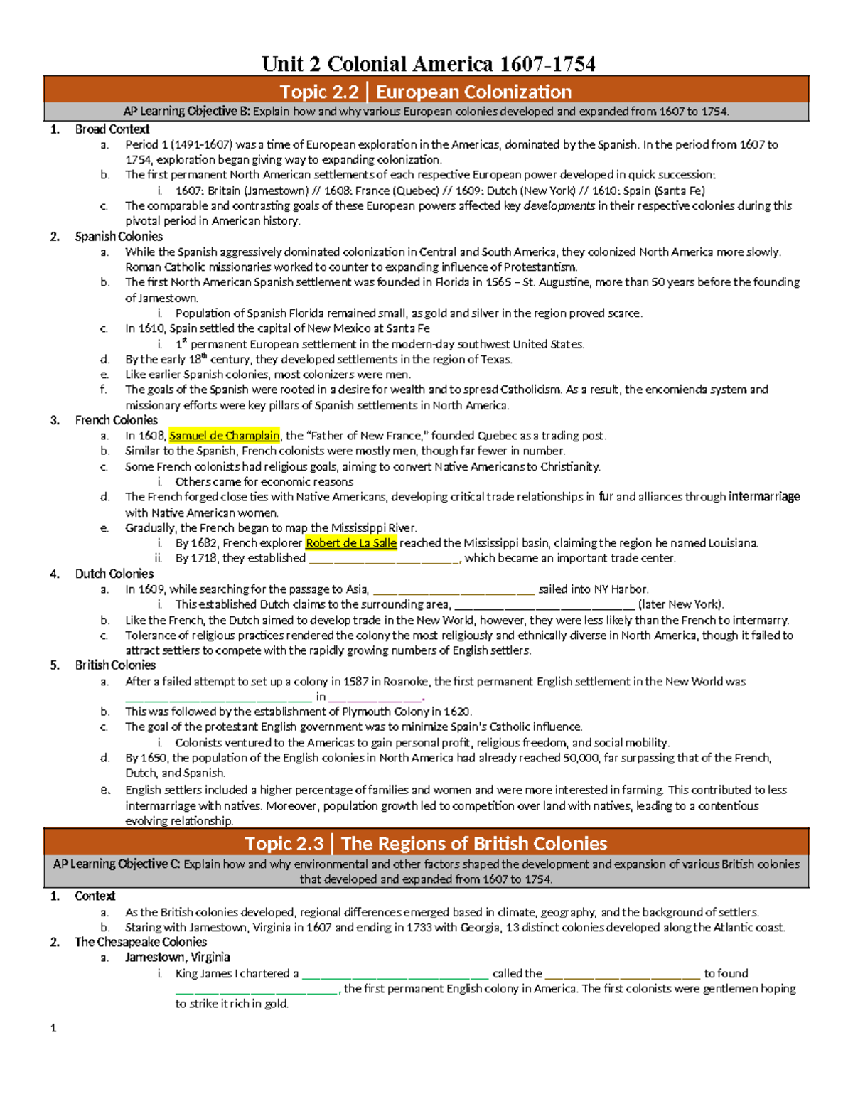 Unit 2: Colonial America (1607-1754) - European Colonization Insights - Studocu