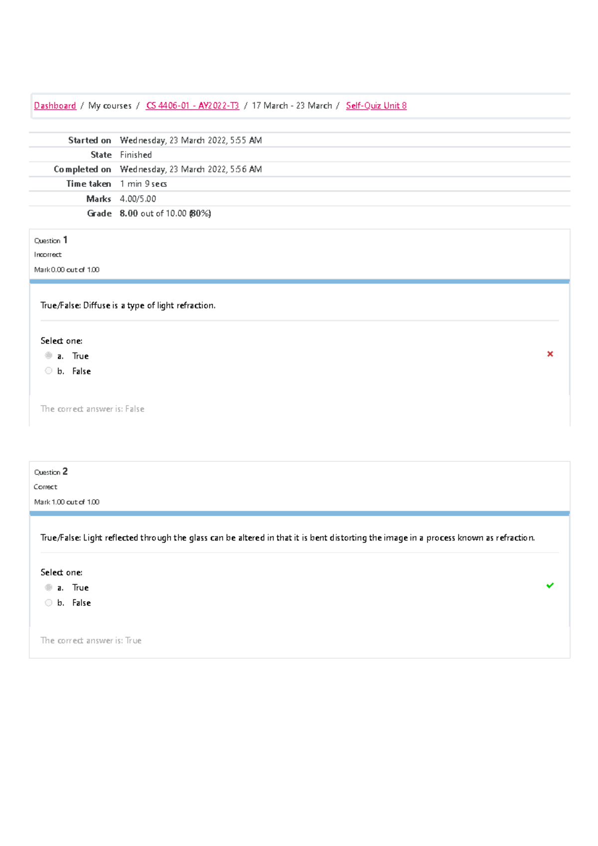 Self-Quiz Unit 8 Attempt review 2 - Started on Wednesday, 23 March 2022 ...