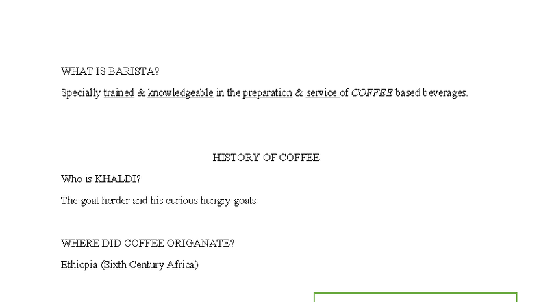 Barista Training Notes: Coffee Preparation & History (Course Code ...