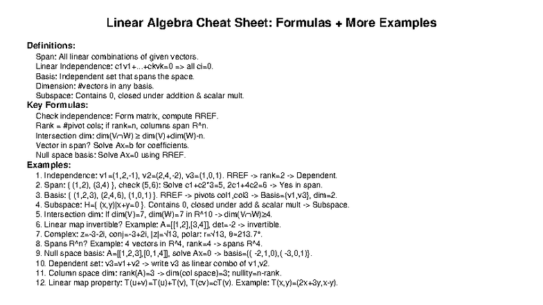 Linear Algebra Cheat Sheet: Key Formulas & Examples - Studocu
