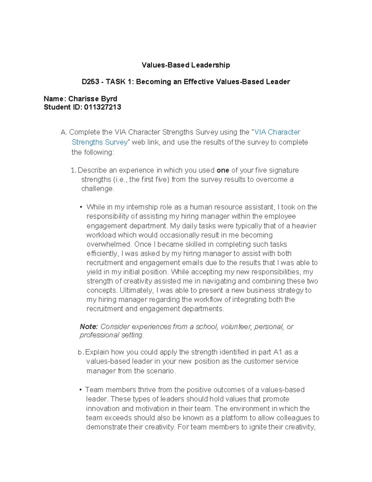 D253 Task 1 Values-Based Ldership - Values-Based Leadership D253 - TASK ...