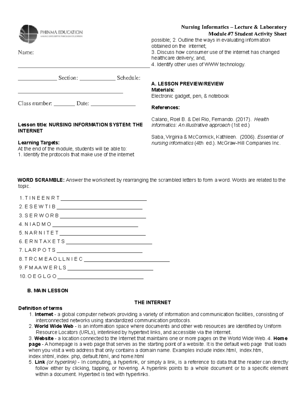 NURSING INFORMARTICS SAS 7 - Nursing Informatics – Lecture & Laboratory ...