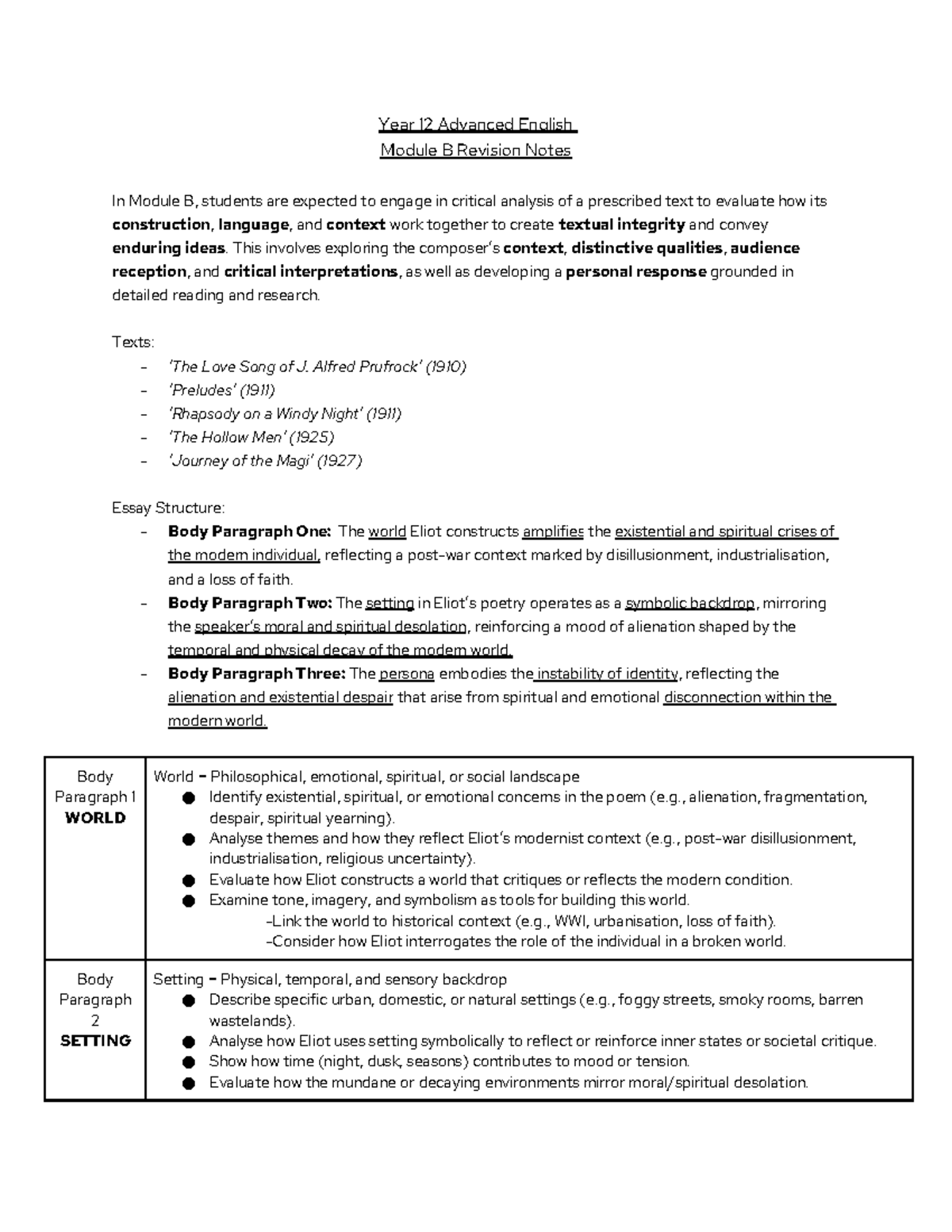 Year 12 Adv. English Module B: Poetry Revision Notes - Studocu