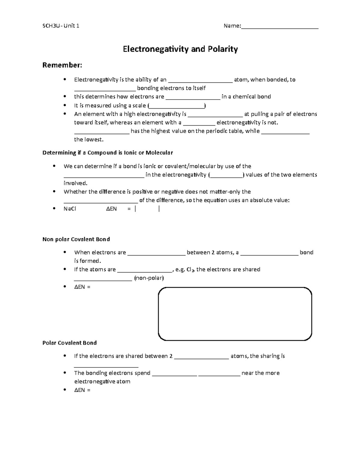 SCH3U Unit 1: Electronegativity & Polarity Study Notes - Studocu