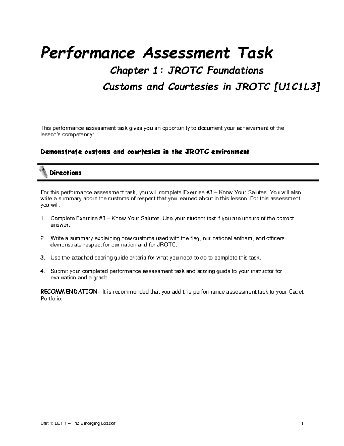 U1C1L3M Performance Assessment: JROTC Customs & Courtesies - Studocu
