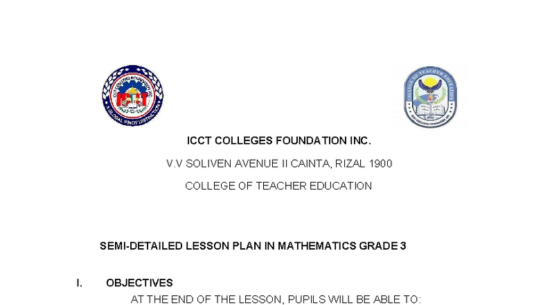 ICCT CTE Lesson Plan: Division for Grade 3 Students - Studocu