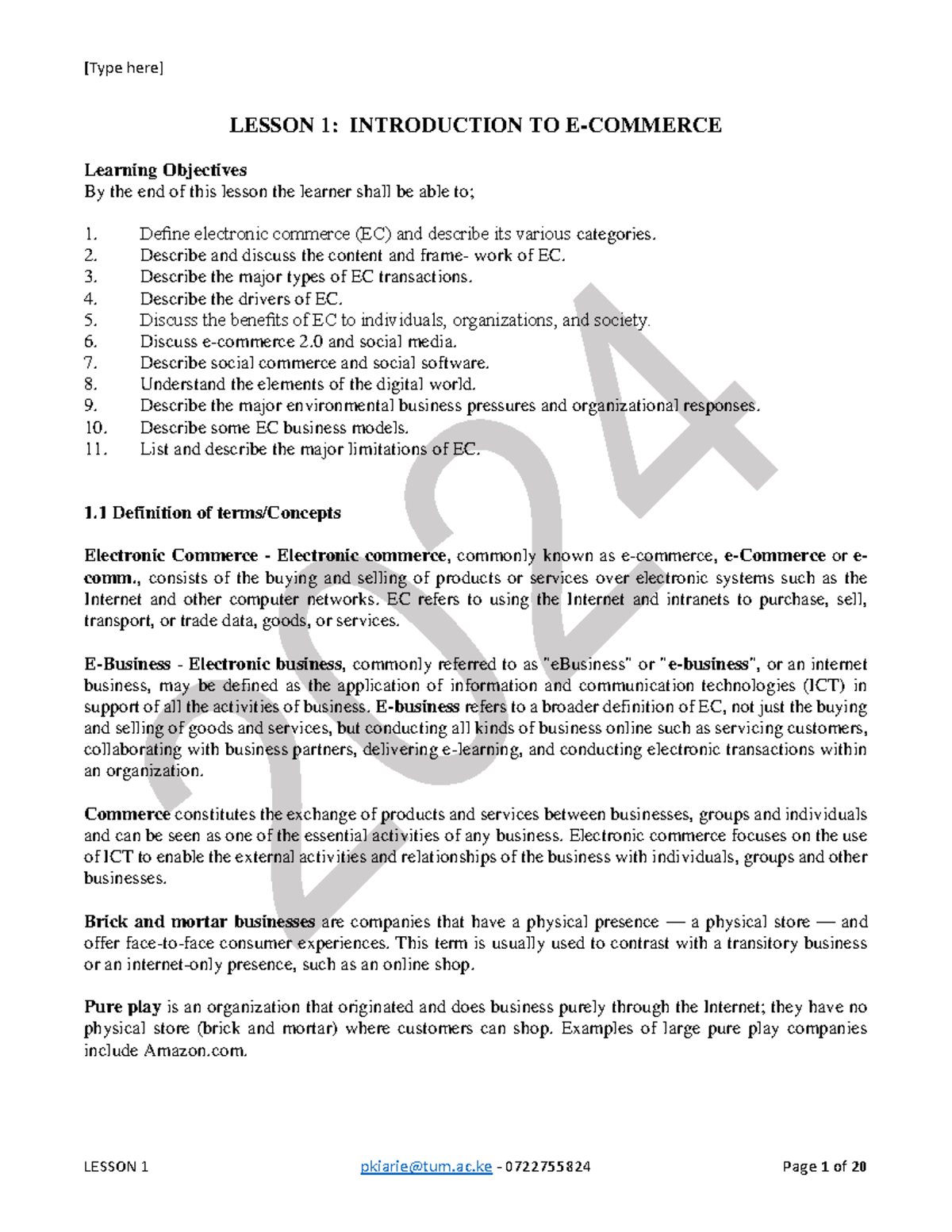Lesson 1 Introduction TO E- Commerce - LESSON 1: INTRODUCTION TO E-COMMERCE Learning Objectives ...