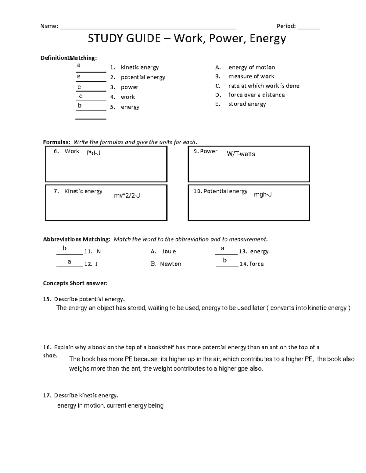 Study Guide: Work, Power, Energy (Course Code: SCI101) - Studocu