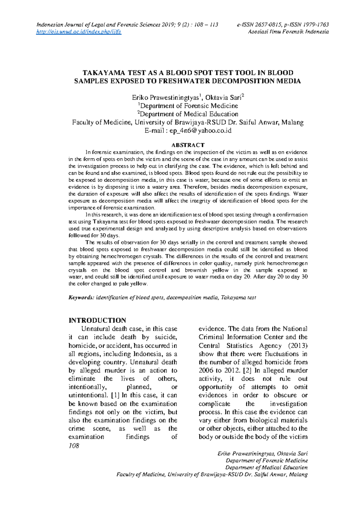 Takayama Test as a Blood Spot Identification Tool in Forensic Science ...