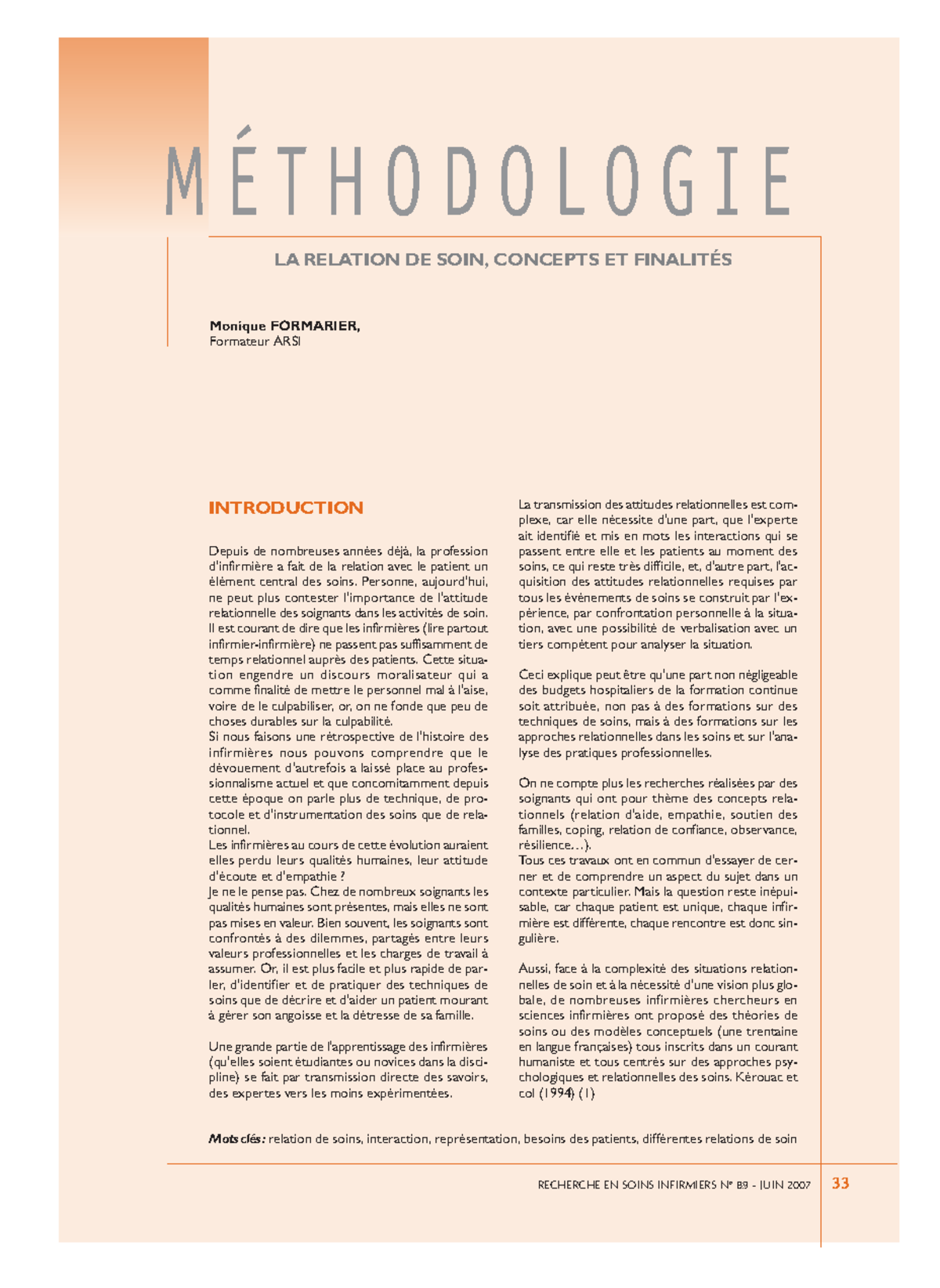 La relation de soin : Concepts et finalités dans les pratiques ...