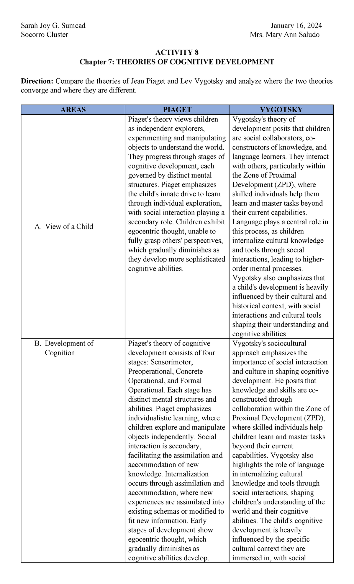 Cognitive Development & Intelligence Theories: Activity 8-9 Analysis - Studocu