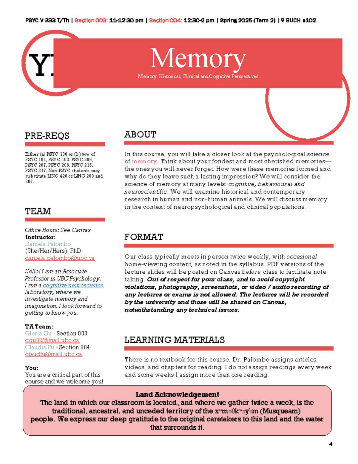 PSYC V 003/004: Memory Science Syllabus - Spring 2025 Term 2 - Studocu