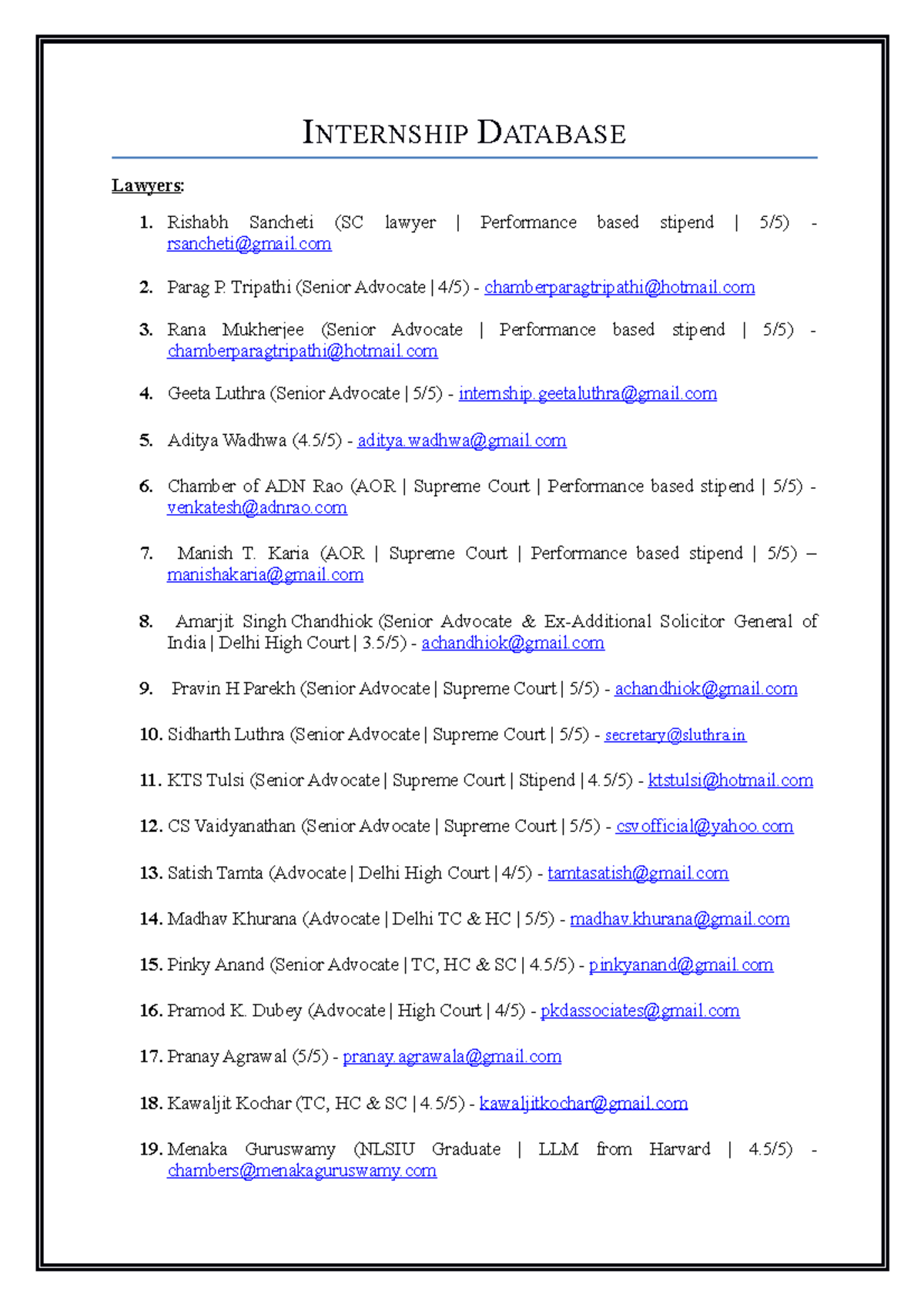Internship Database of Lawyers and Law Firms - xyz - Studocu